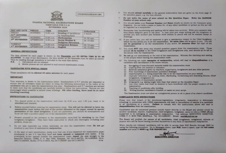 UNEB 2025 Examinations Time Tables… – UNEB