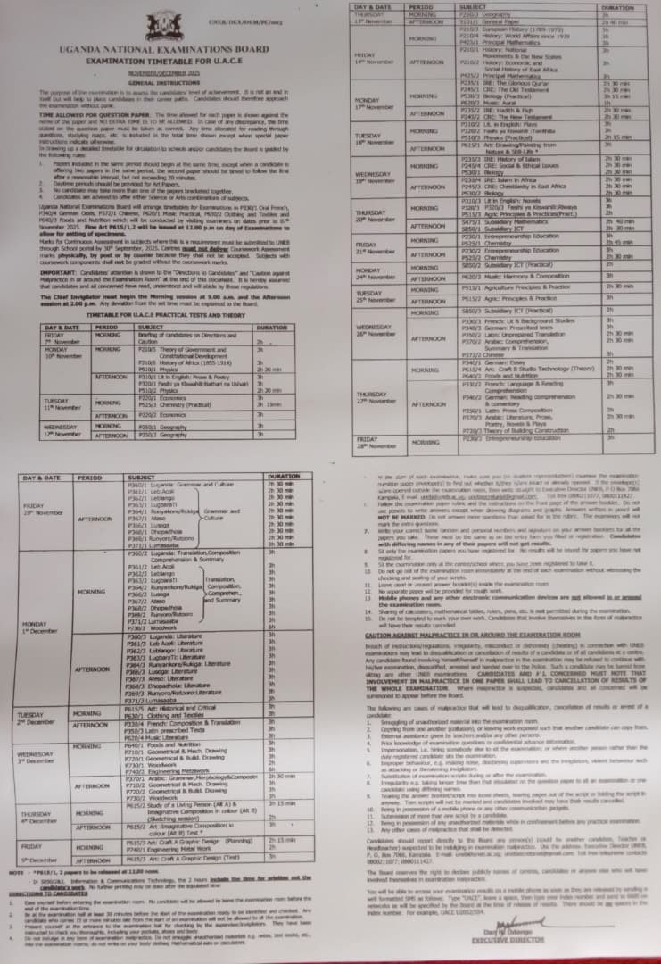 UNEB 2025 Examinations Time Tables… – UNEB